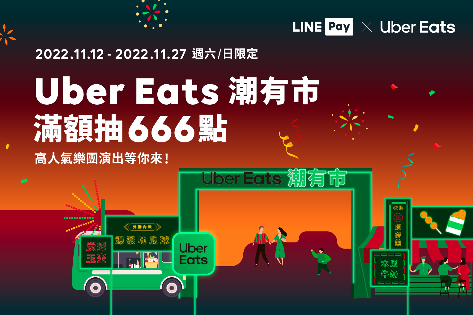 【Uber Eats 潮有市】每週六日用LINE Pay付款滿額享紅包，抽最高666點！