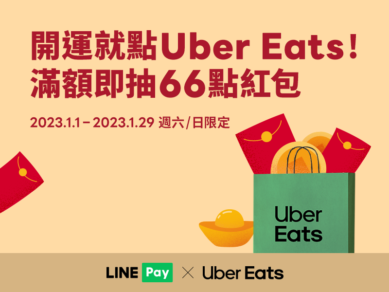 【Uber Eats】每週六日用LINE Pay付款滿額享紅包，抽最高66點！